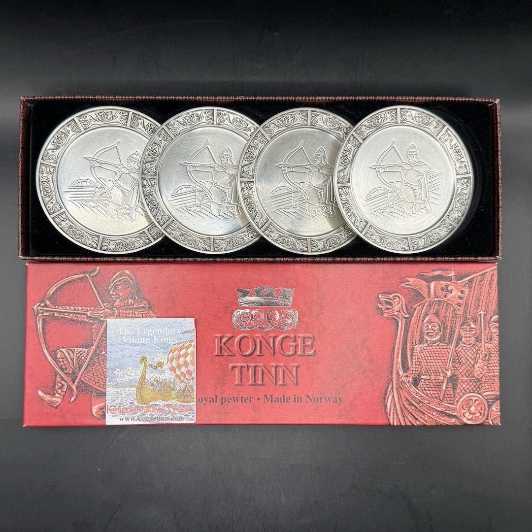 Vintage Konge-tinn Fine Royal Pewter Coaster Set Norway Vikings W/ Box ...