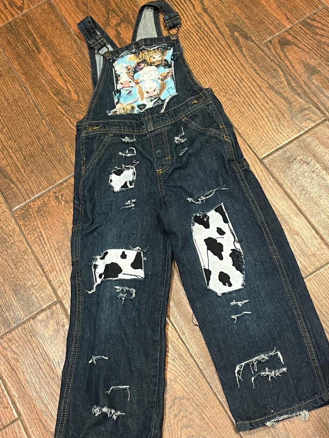 Farm Birthday Outfit - Upcycled Cow Print Denim Overalls - Hand ...