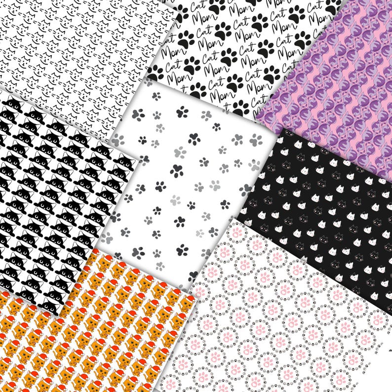 Cute Cat Digital Paper Bundle 12x12, 170+ Seamless Kawaii Cat & Paw ...