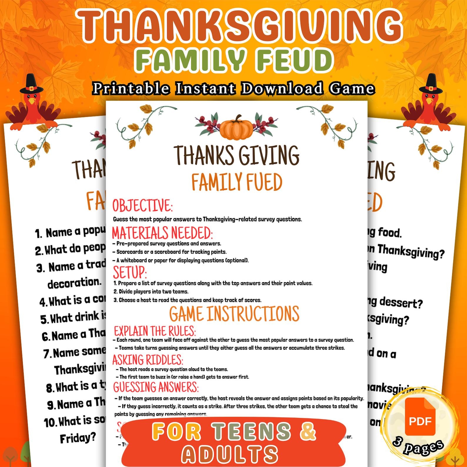 Thanksgiving Friendly Family Feud, Thanksgiving Party Game, Trivia ...