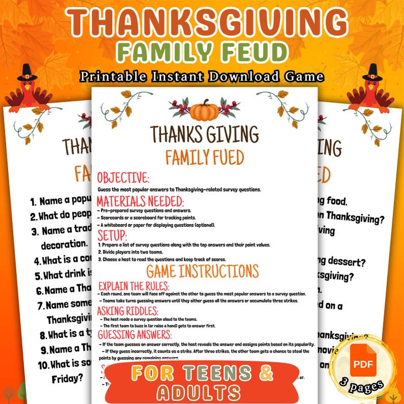 Thanksgiving Friendly Family Feud, Thanksgiving Party Game, Trivia ...