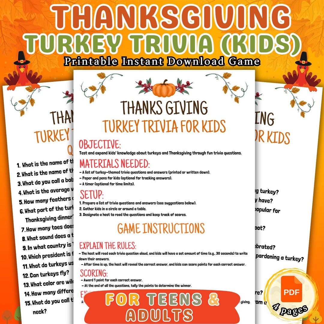 Turkey Trivia Game, Thanksgiving Fun Party Game, Fall Game for Kids ...