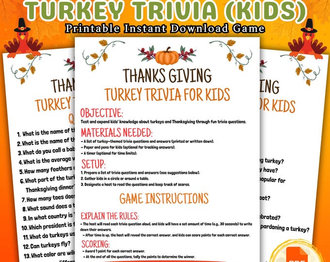 Turkey Trivia Game, Thanksgiving Party Game, Fall Trivia Game ...