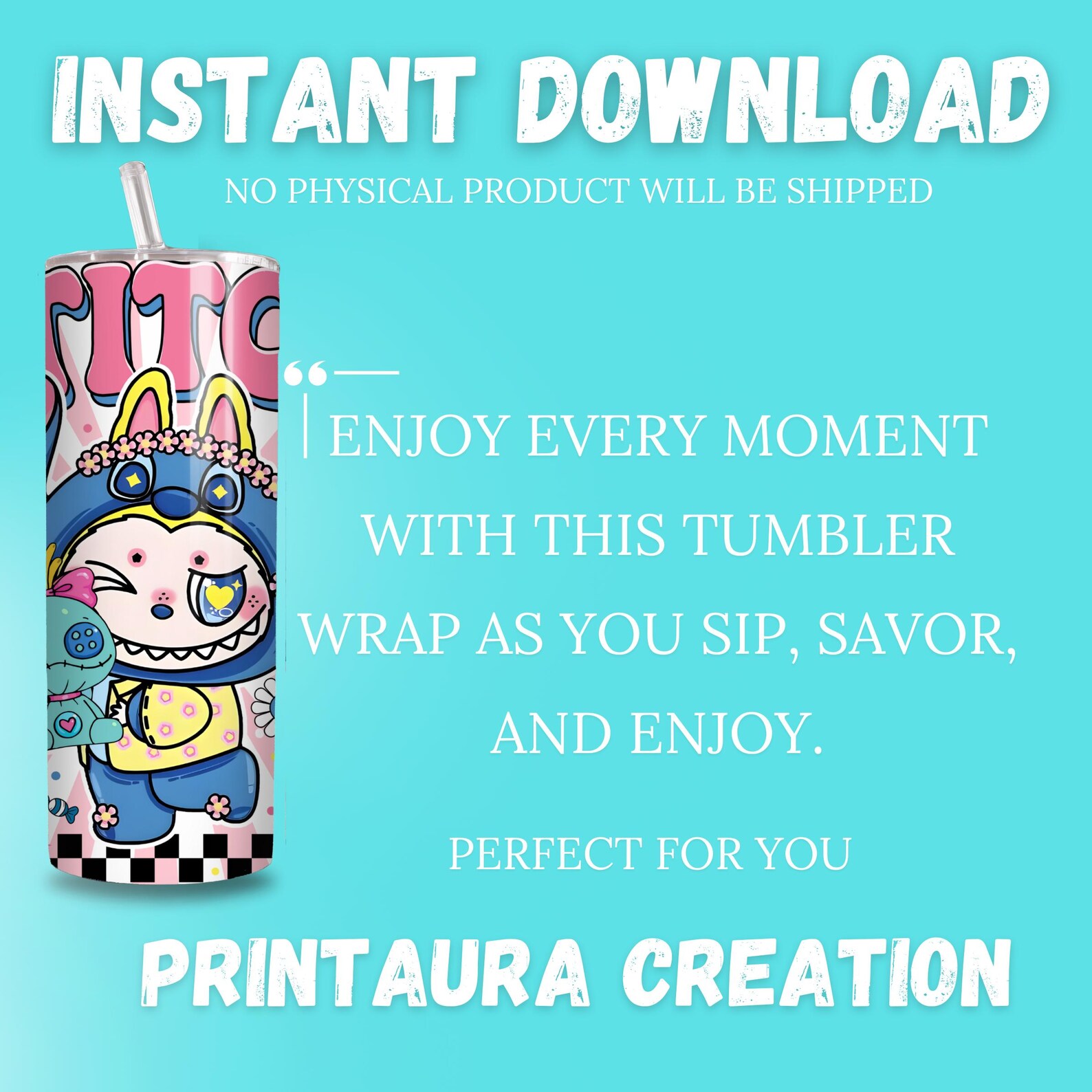 Kawaii Stitch Labubu Tumbler Wrap PNG – 20oz Pastel Skinny Cup ...