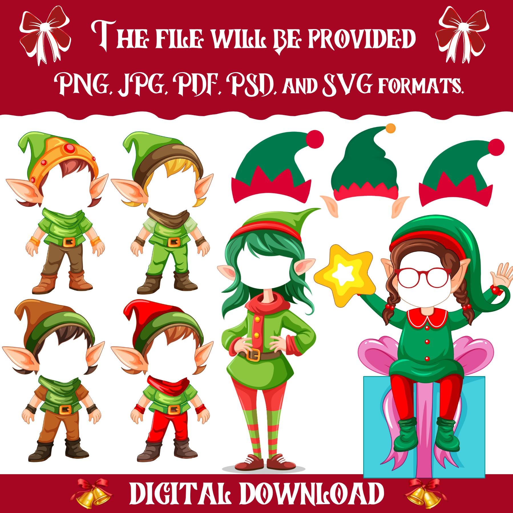 50+ Christmas Add Your Own Photo Face, DIY Elf Yourself PNG Bundle, Elf ...