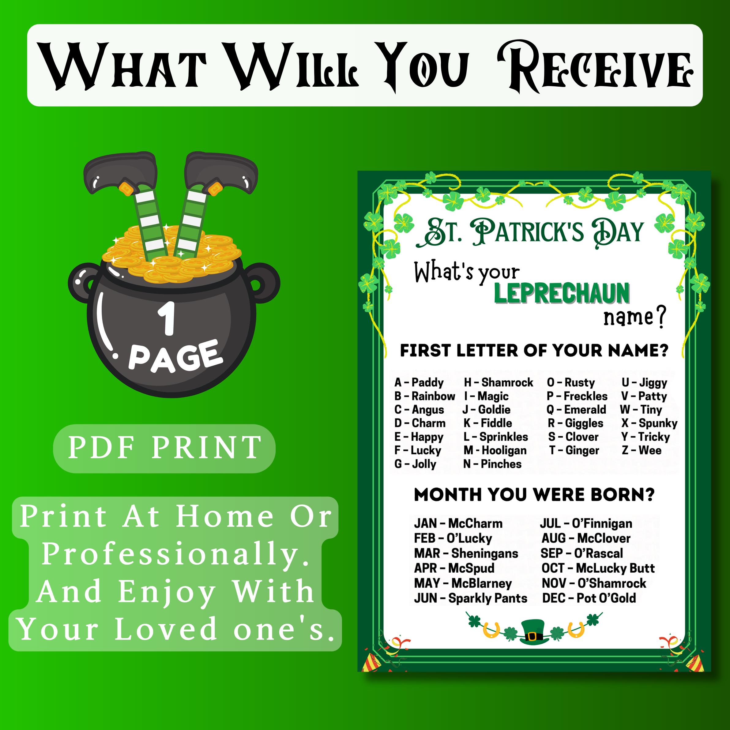 What's Your Leprechaun Name St Patricks Day Games, Leprechaun Name Tag ...