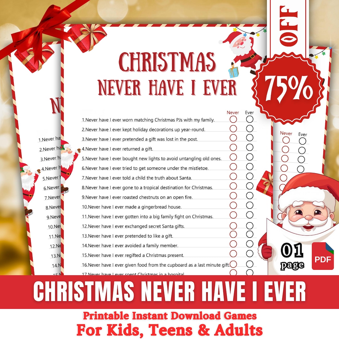 Never Have I Ever Christmas Game, Christmas Party Printable for Family ...