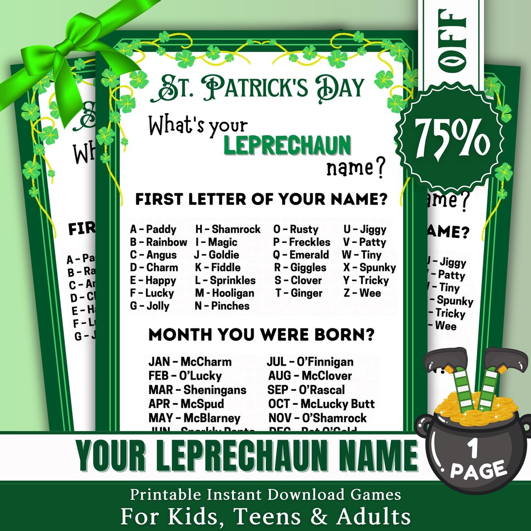 What's Your Leprechaun Name St Patricks Day Games, Leprechaun Name Tag ...