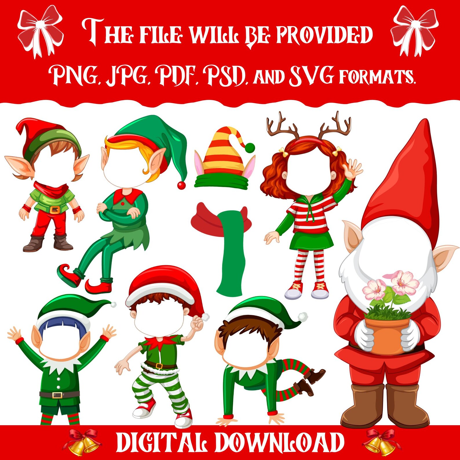 150+ DIY Add Your Own Face Elf Yourself PNG Bundle, Christmas Craft for ...