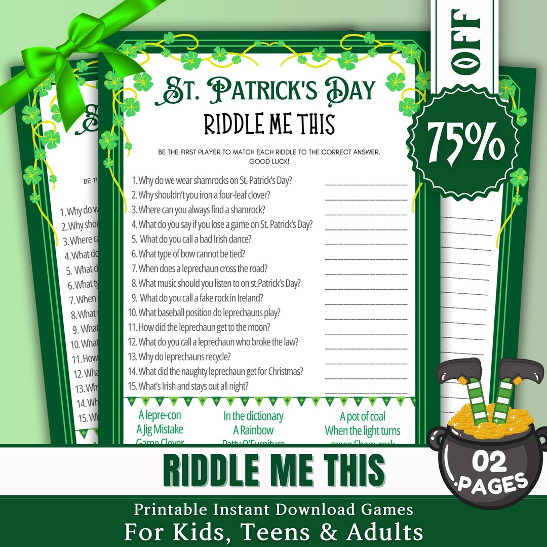 St. Patrick's Day Riddle Me This Game | Printable Trivia, Party Game ...