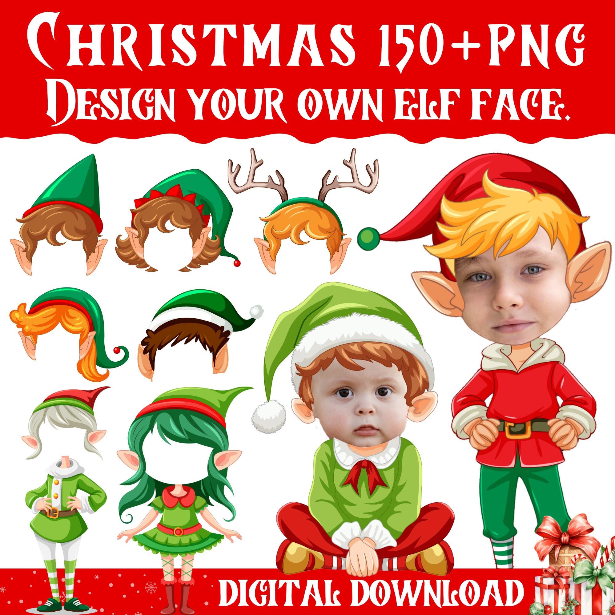 150+ DIY Add Your Own Face Elf Yourself PNG Bundle, Christmas Craft for ...
