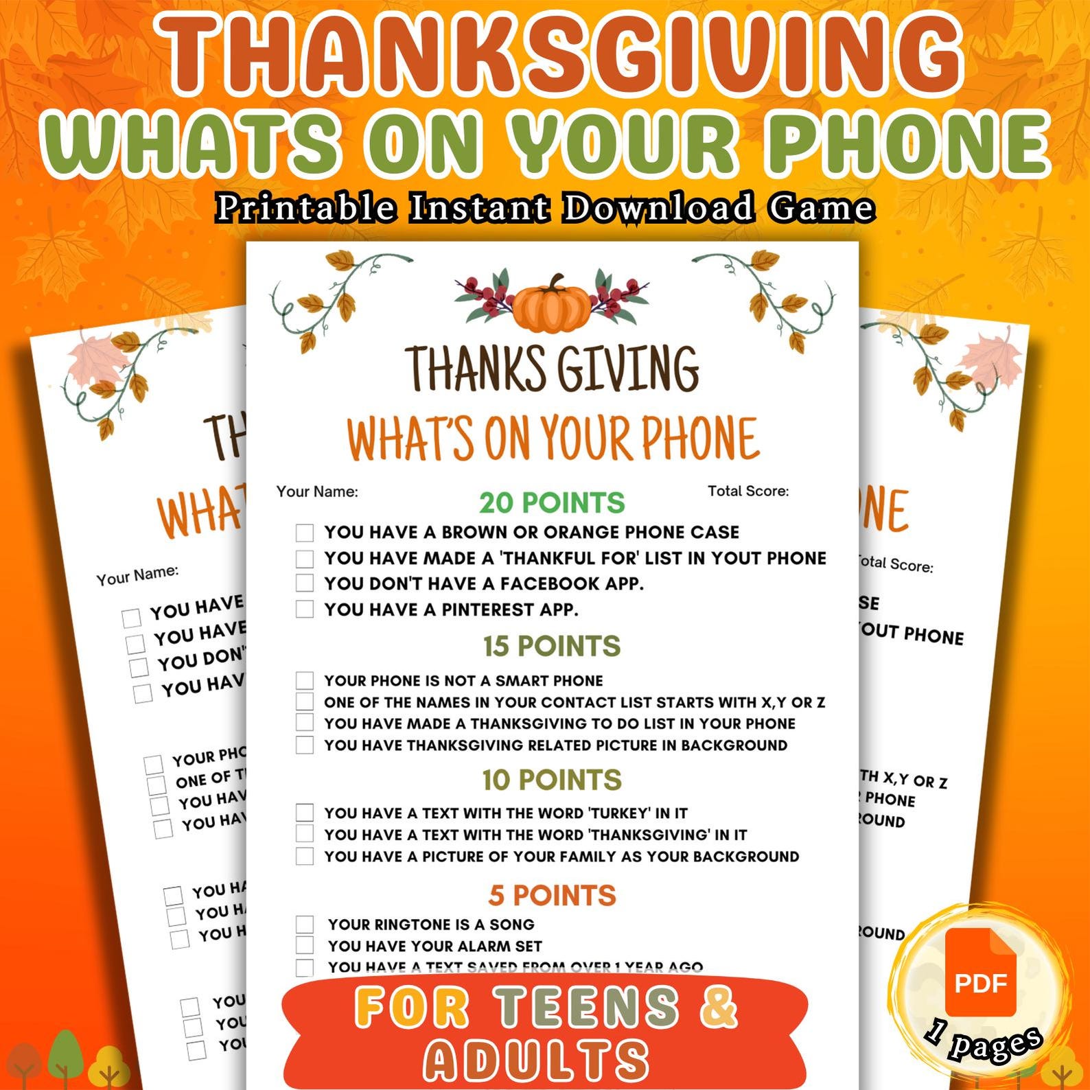 Thanksgiving What's on Your Phone Game, Friendsgiving Printable Game ...