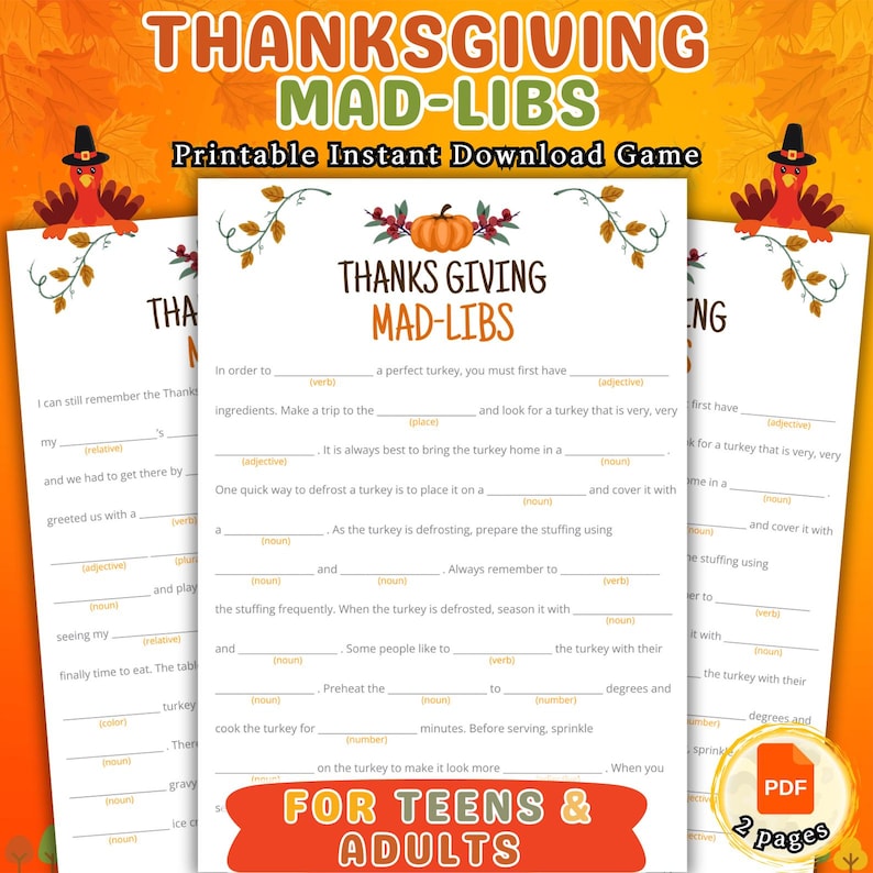 Thanksgiving Mad Libs | Fall Story Fill-in-the-blanks Game | Fun ...