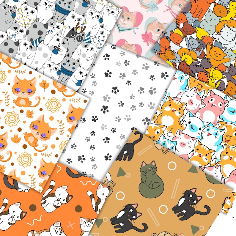 Cute Cat Digital Paper Bundle 12x12, 170+ Seamless Kawaii Cat & Paw ...
