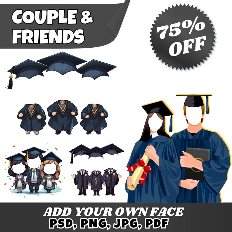 Graduation Cap and Gown PNG PSD Templates | Add Your Face Graduation ...
