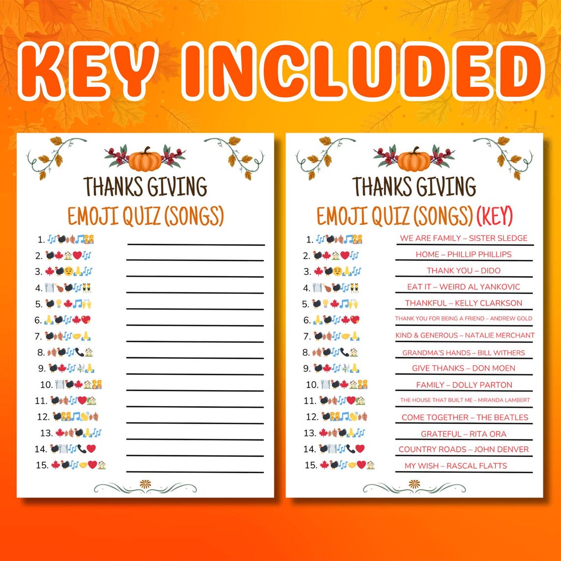 Thanksgiving Emoji Game, Printable Thanksgiving Game for Kids Adults ...