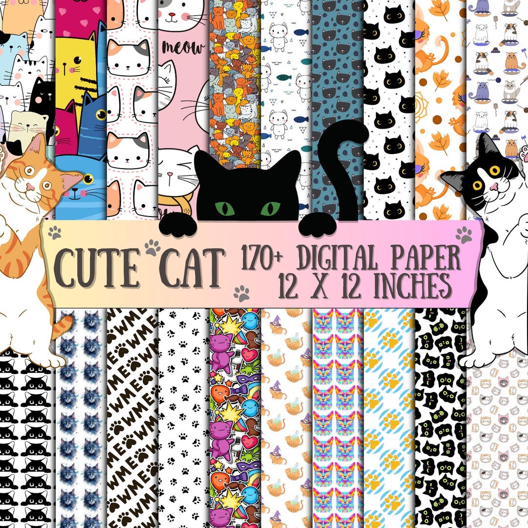 Cute Cat Digital Paper Bundle 12x12, 170+ Seamless Kawaii Cat & Paw ...