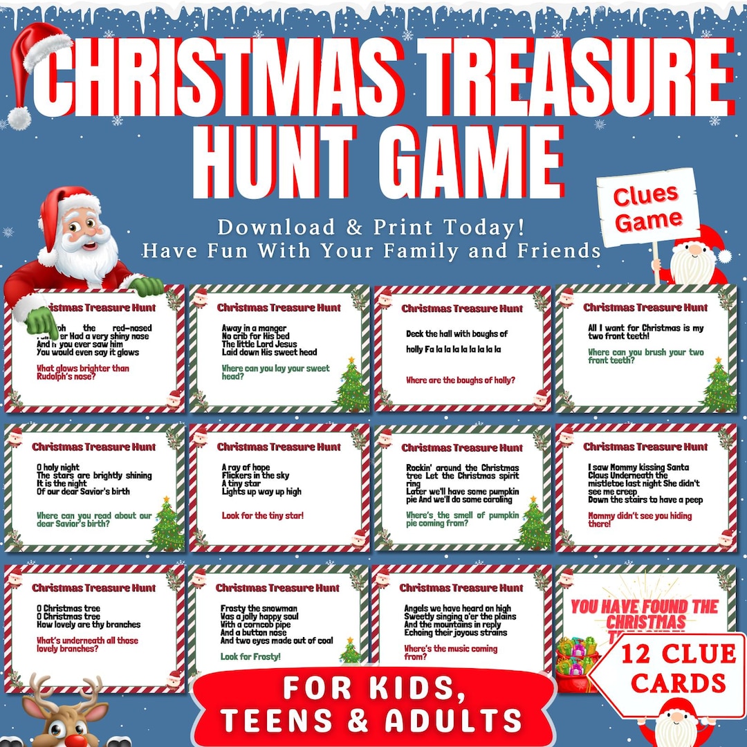 Christmas Treasure Hunt Clues, Christmas Scavenger Hunt Cards ...