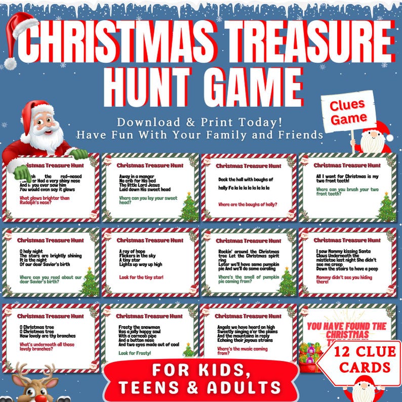 Christmas Treasure Hunt Clues, Christmas Scavenger Hunt Cards ...