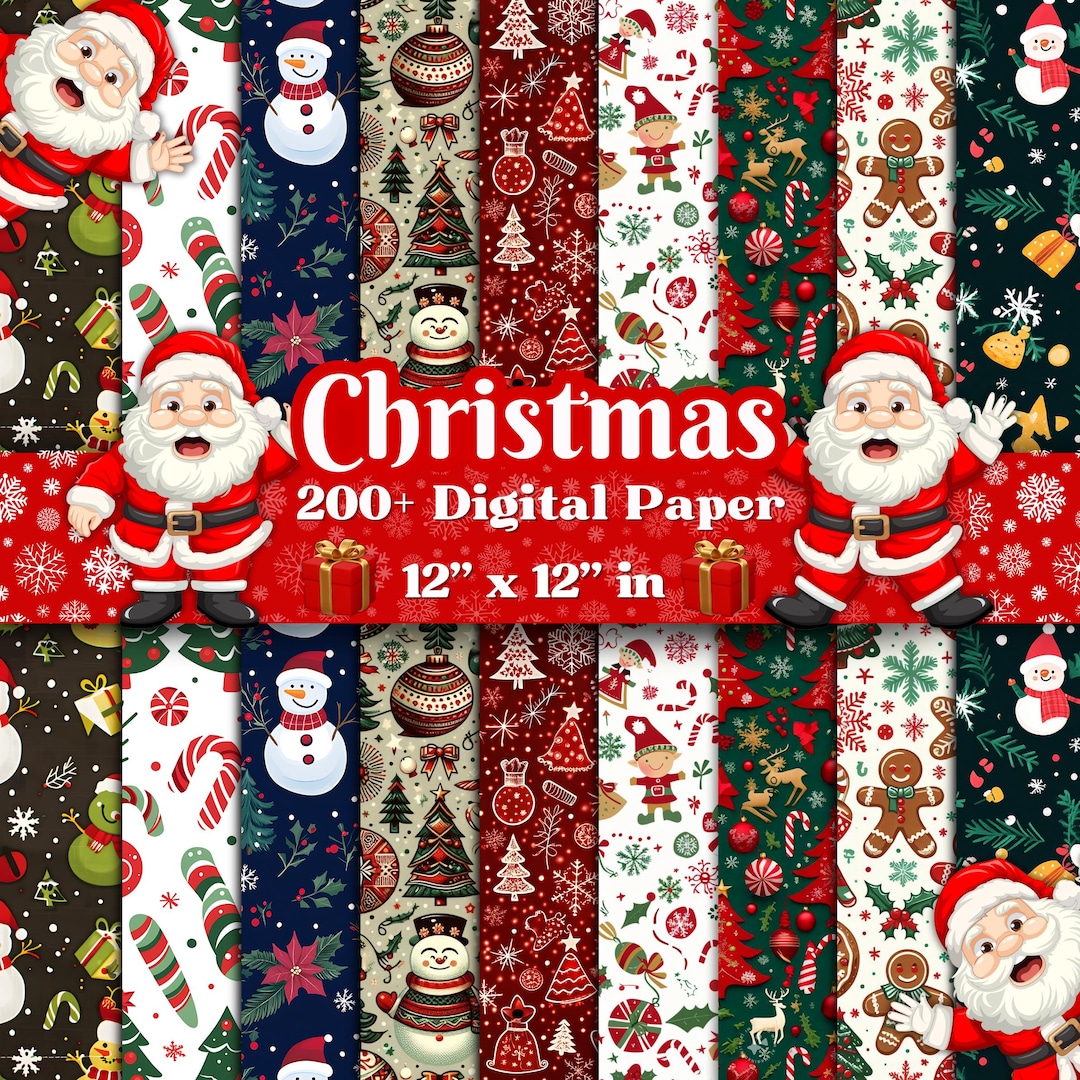200+ Christmas Digital Paper - 12x12 Holiday Patterns, Santa, Snowman ...