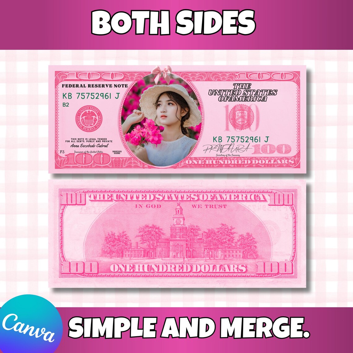 Personalized Pink 100 Dollar Bill Canva Template – Add Your Face ...