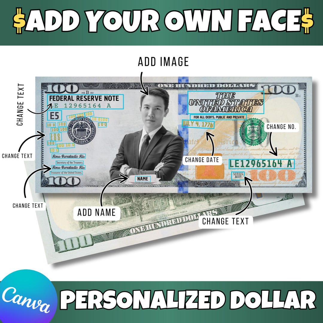 Personalized Dollar Bill Canva Template – Custom 100 Editable Money ...