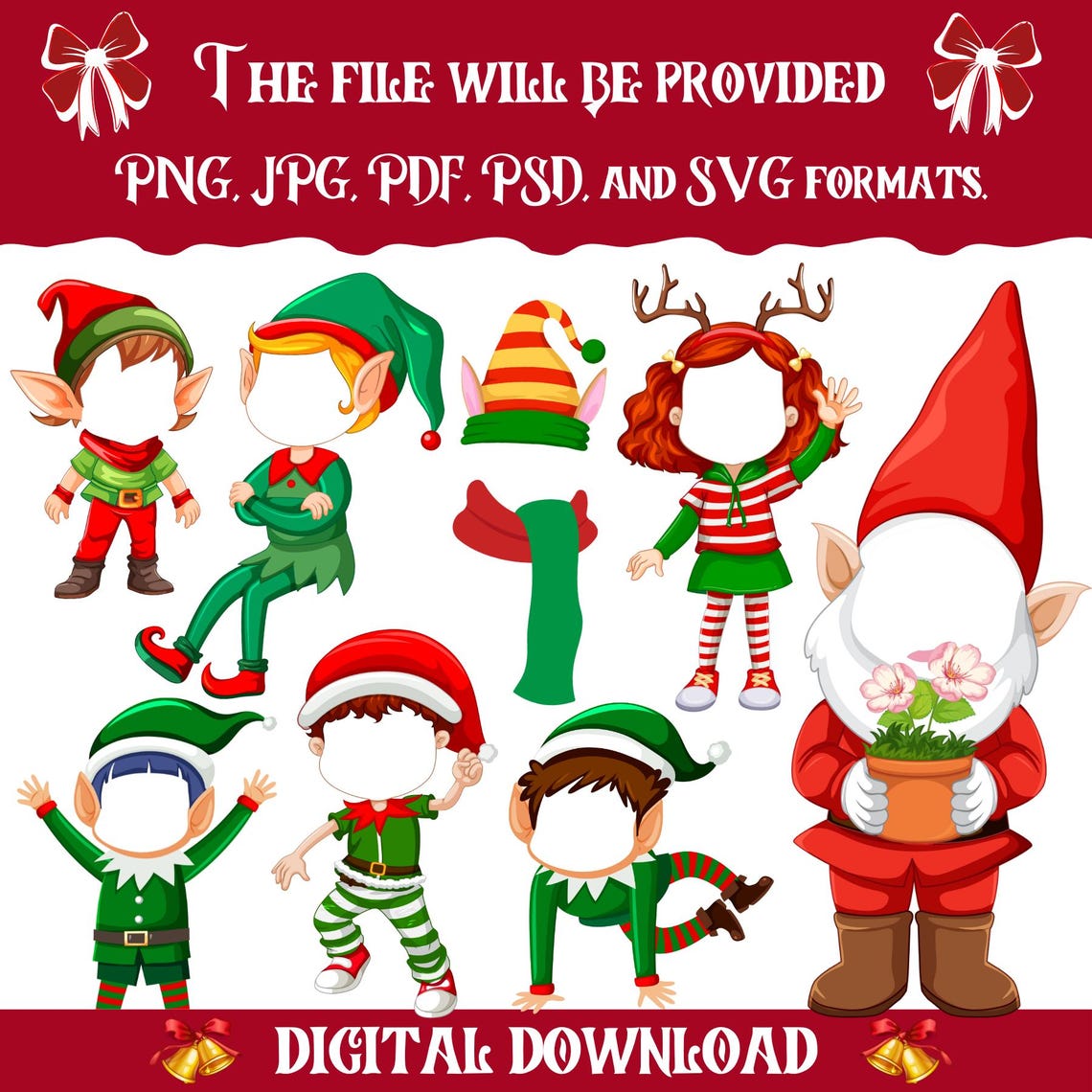 50+ Christmas Add Your Own Photo Face, DIY Elf Yourself PNG Bundle, Elf ...