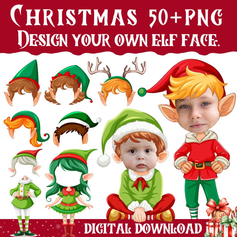50+ Christmas Add Your Own Photo Face, DIY Elf Yourself PNG Bundle, Elf ...