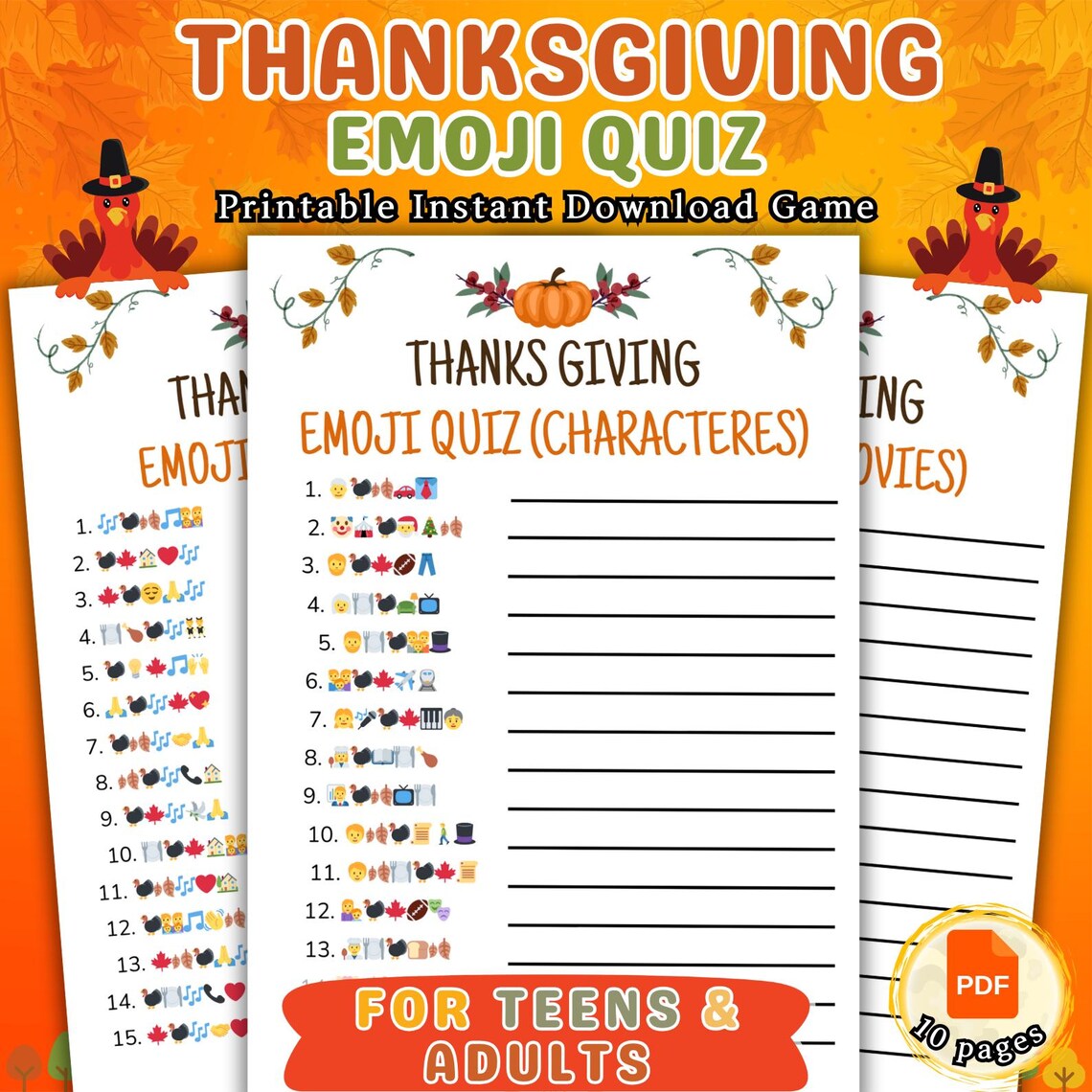 Thanksgiving Emoji Game, Printable Thanksgiving Game for Kids Adults ...