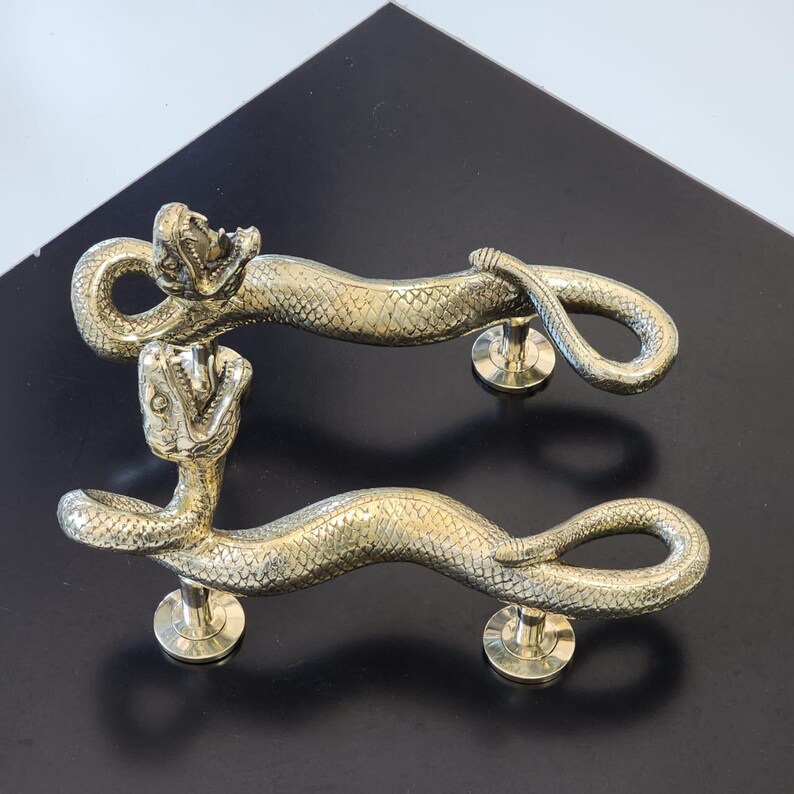 Pair Python SNAKE Door Pulls Hidden Fixinng Polished Brass Old Style ...