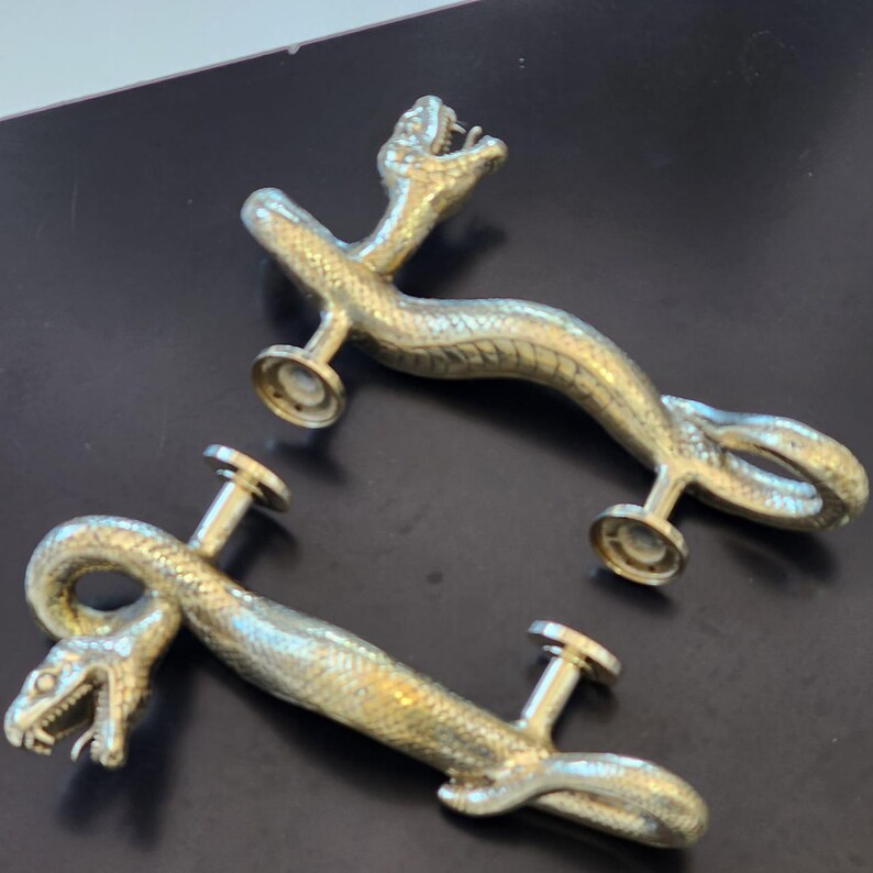 Pair Python SNAKE Door Pulls Hidden Fixinng Polished Brass Old Style ...