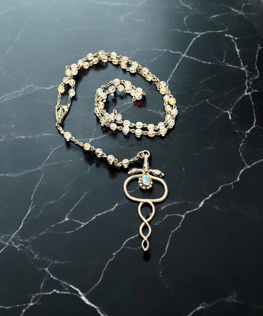 CADUCEUS ROSARY Victorian Upcycled Crystal Pendant Necklace Goth Hermes ...