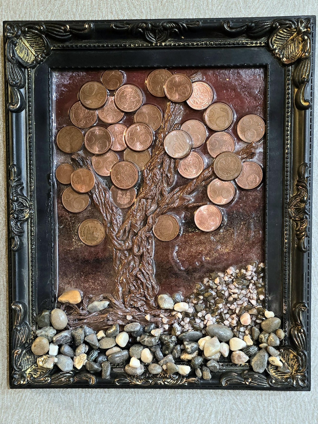 Money Tree W/real Euro Coins | Art in a Frame | Resin Over Art| Home ...