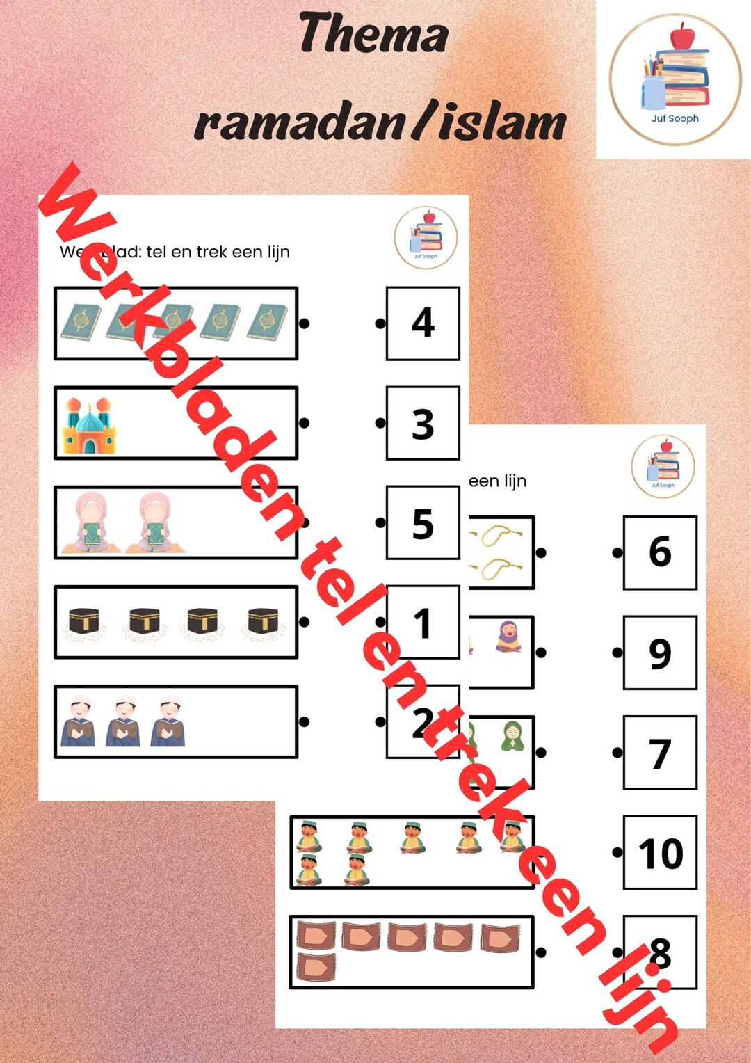 Counting Worksheets: Count and Draw a Line Theme Islam/ramadan - Etsy