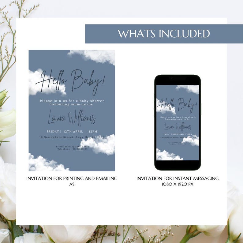 Editable Cloud Minimalistic Blue Baby Boy Shower Invitation Template ...