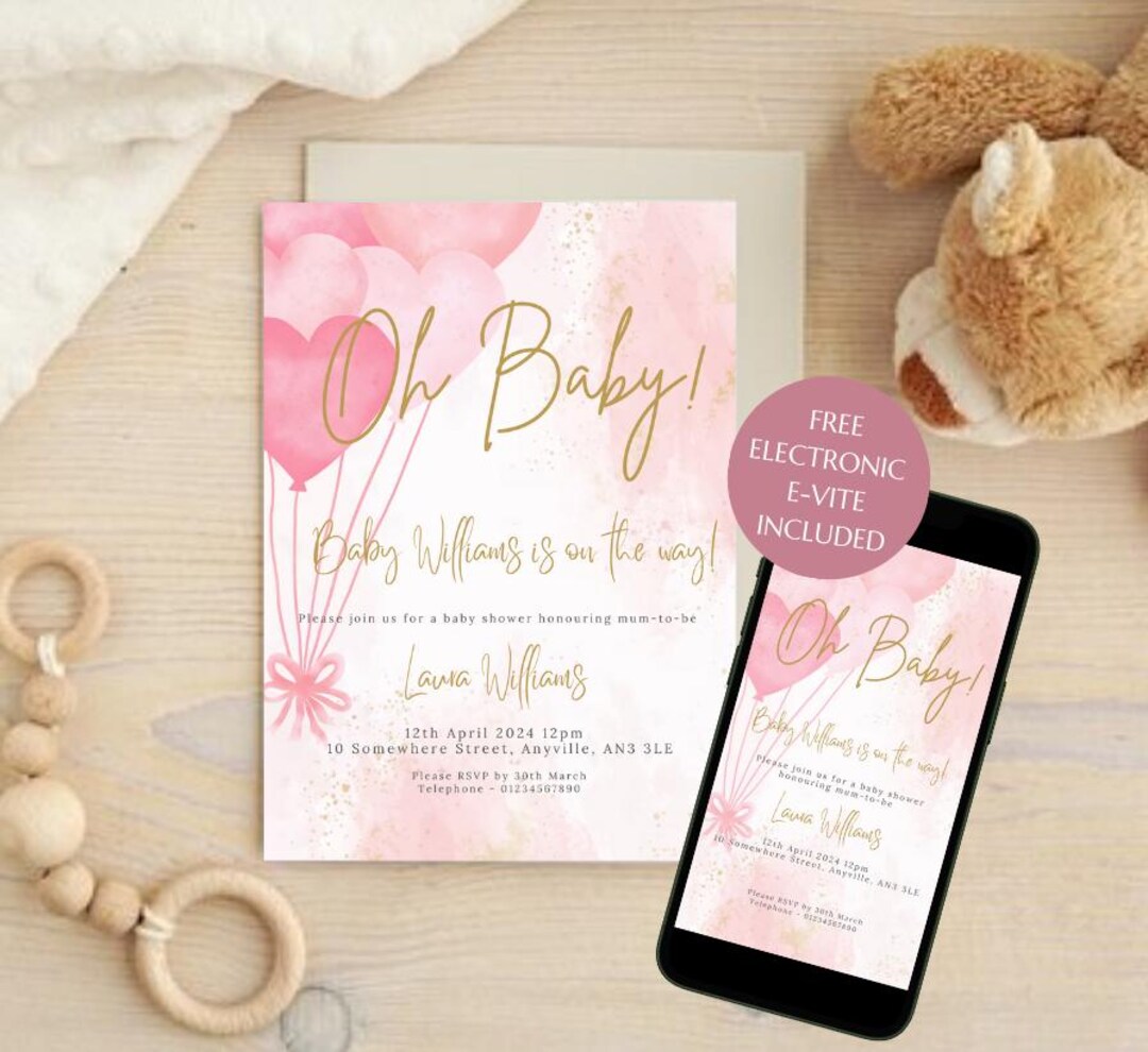 Editable Baby Girl Pink Balloon Shower Invitation Template | Baby Girl ...