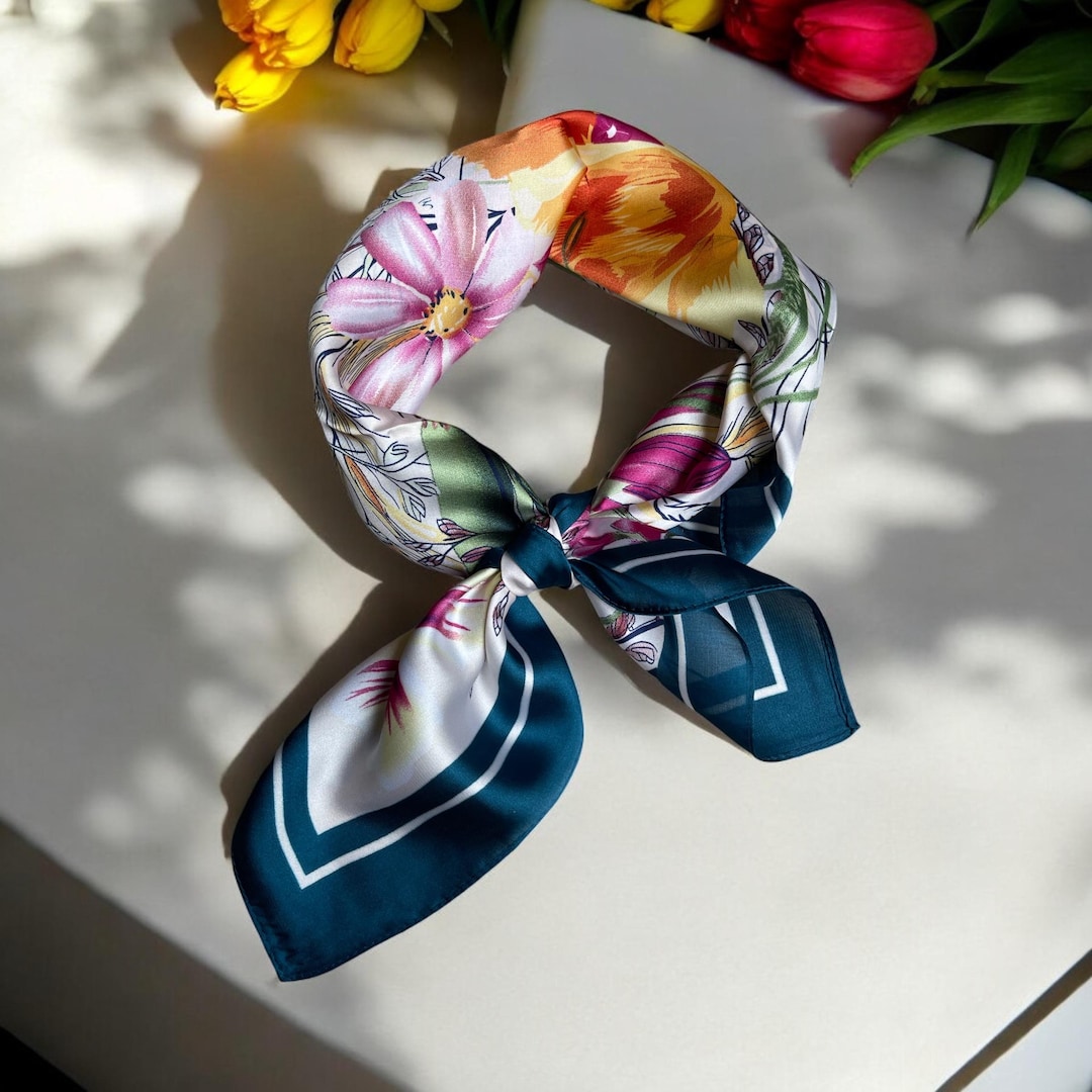 Elegant Floral Silk Scarf: Blue & White Print, Neck Tie, Hair Wrap - Etsy