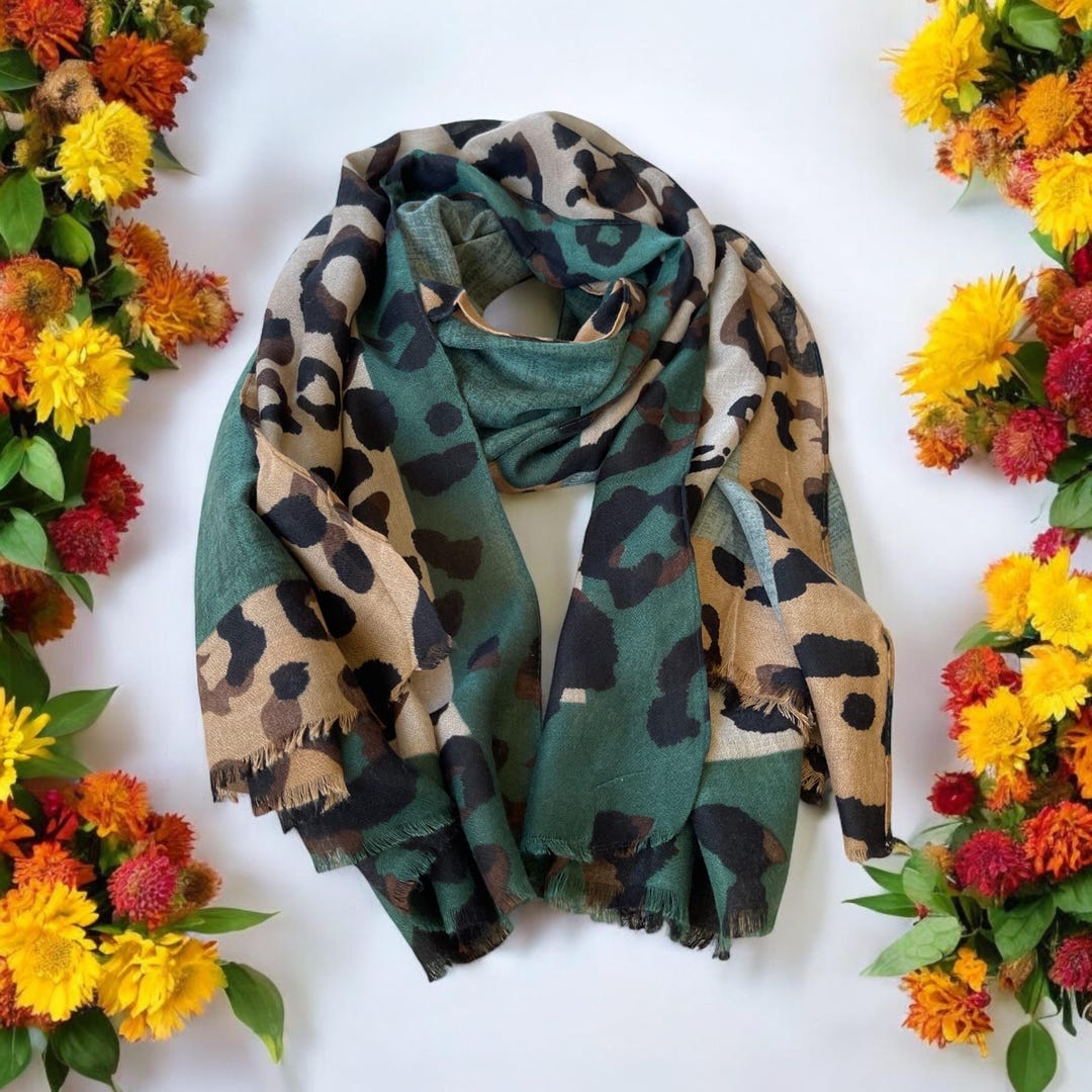 Green and Brown Leopard Print Winter Scarf: Soft Animal Print Winter ...