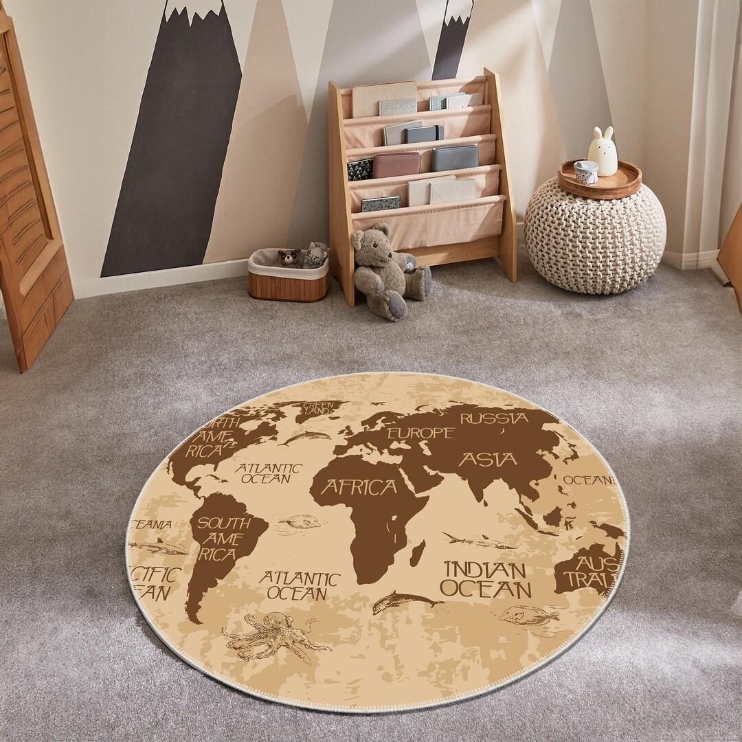 World Map Round Rug, Anti-slip Educational Kids Rug, Washable Nursery ...