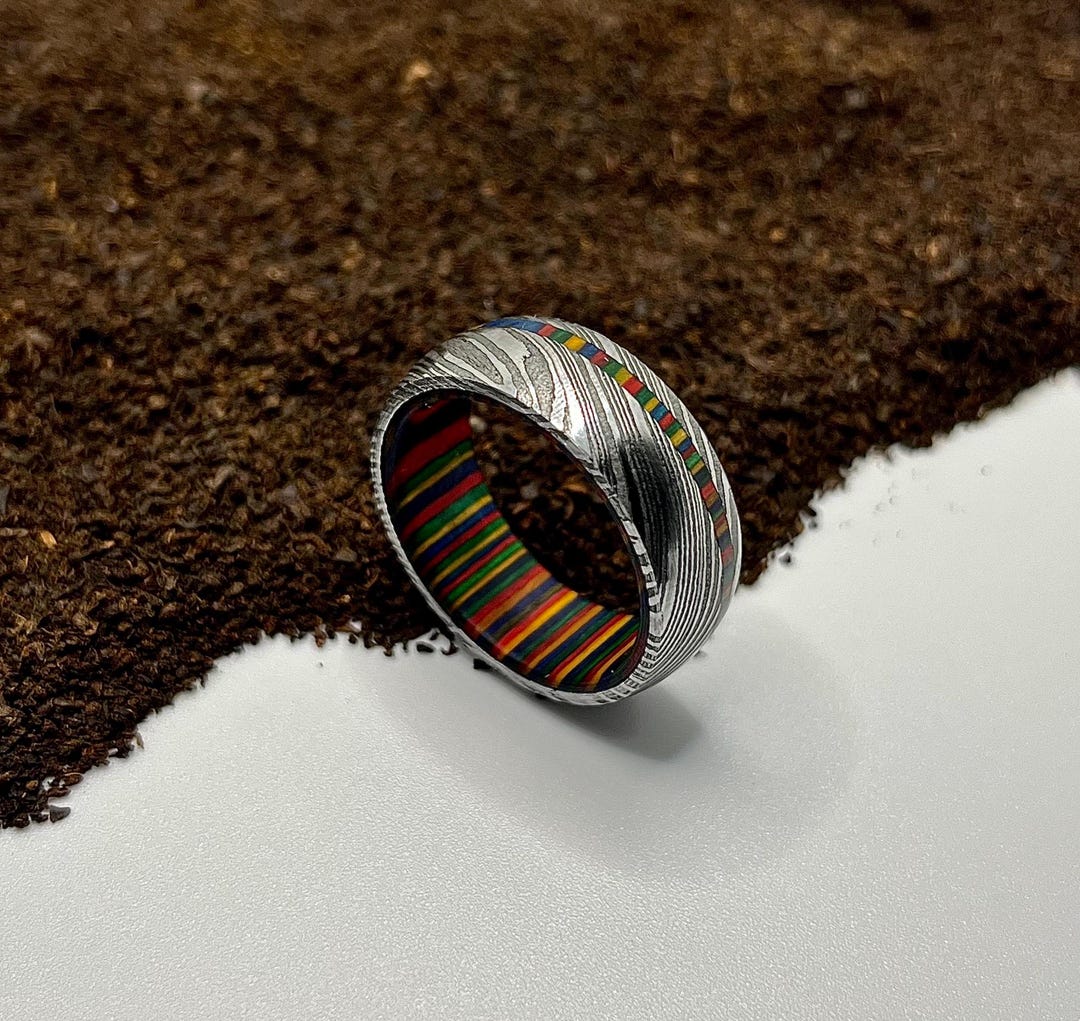 Damascus Wood Wedding Band, Men Damascus Steel Whiskey Barrel Ring ...