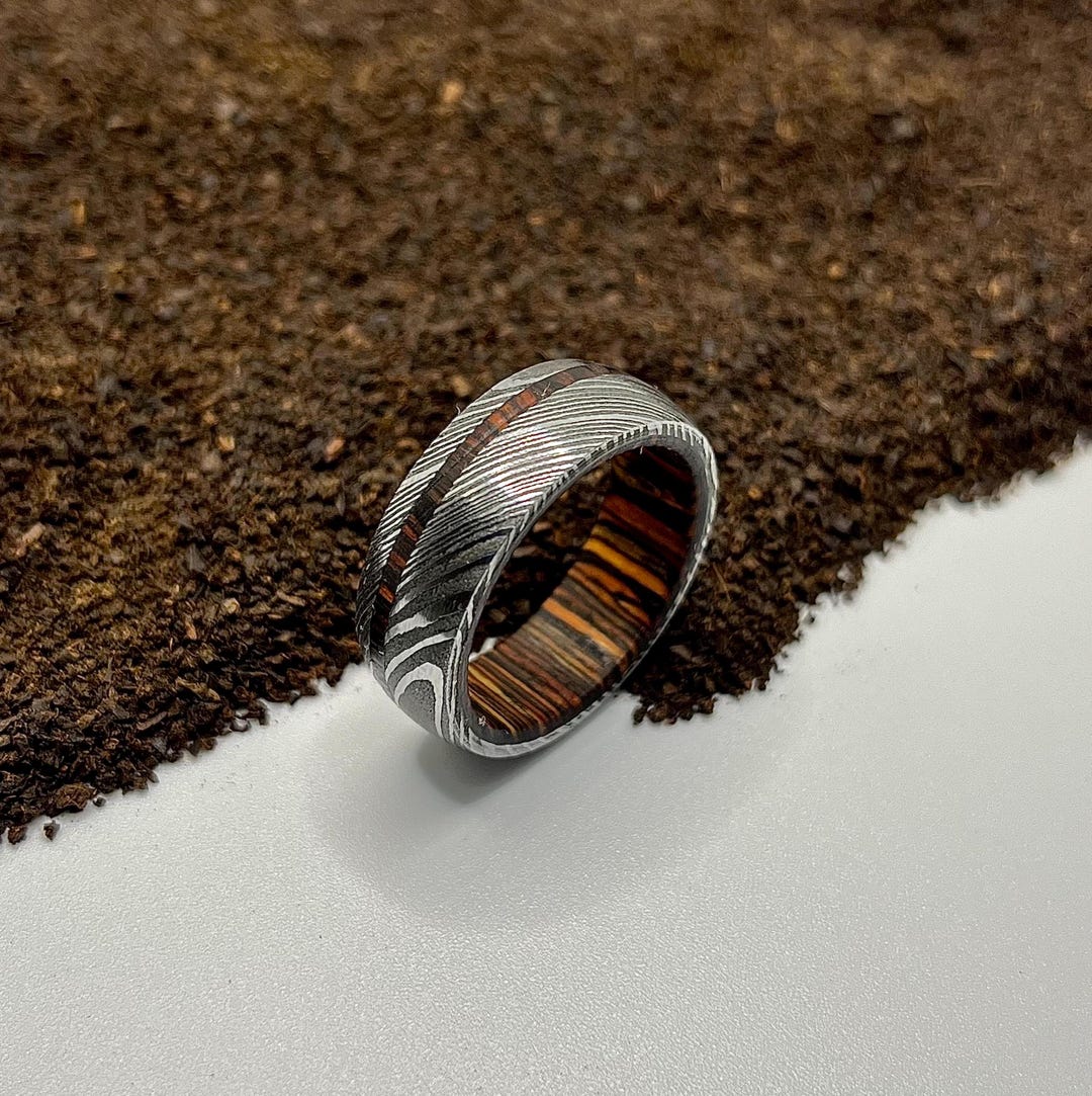 Damascus Wood Wedding Band, Men Damascus Steel Whiskey Barrel Ring ...