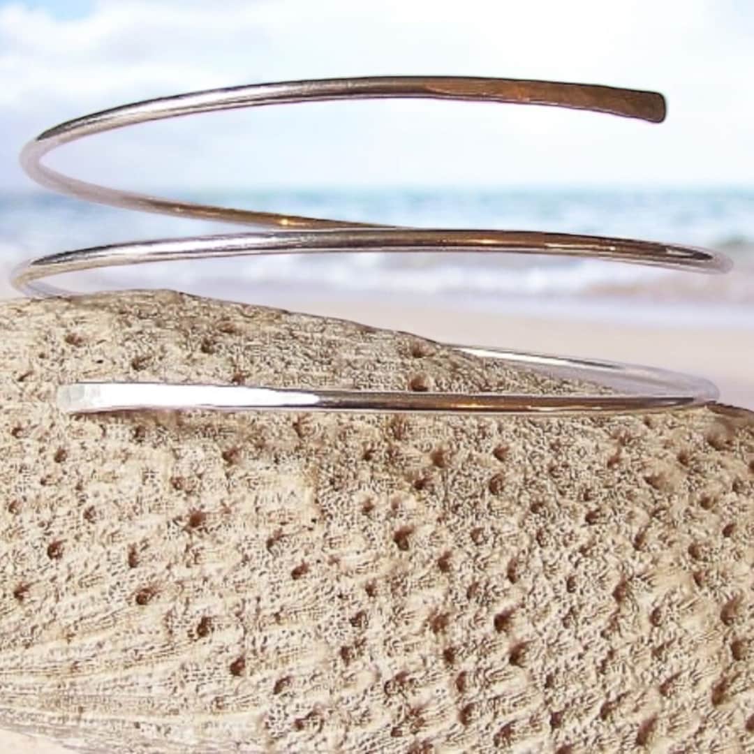 Silver Arm Cuff - Triple Coil Minimalist Textured Armband - Stainless ...