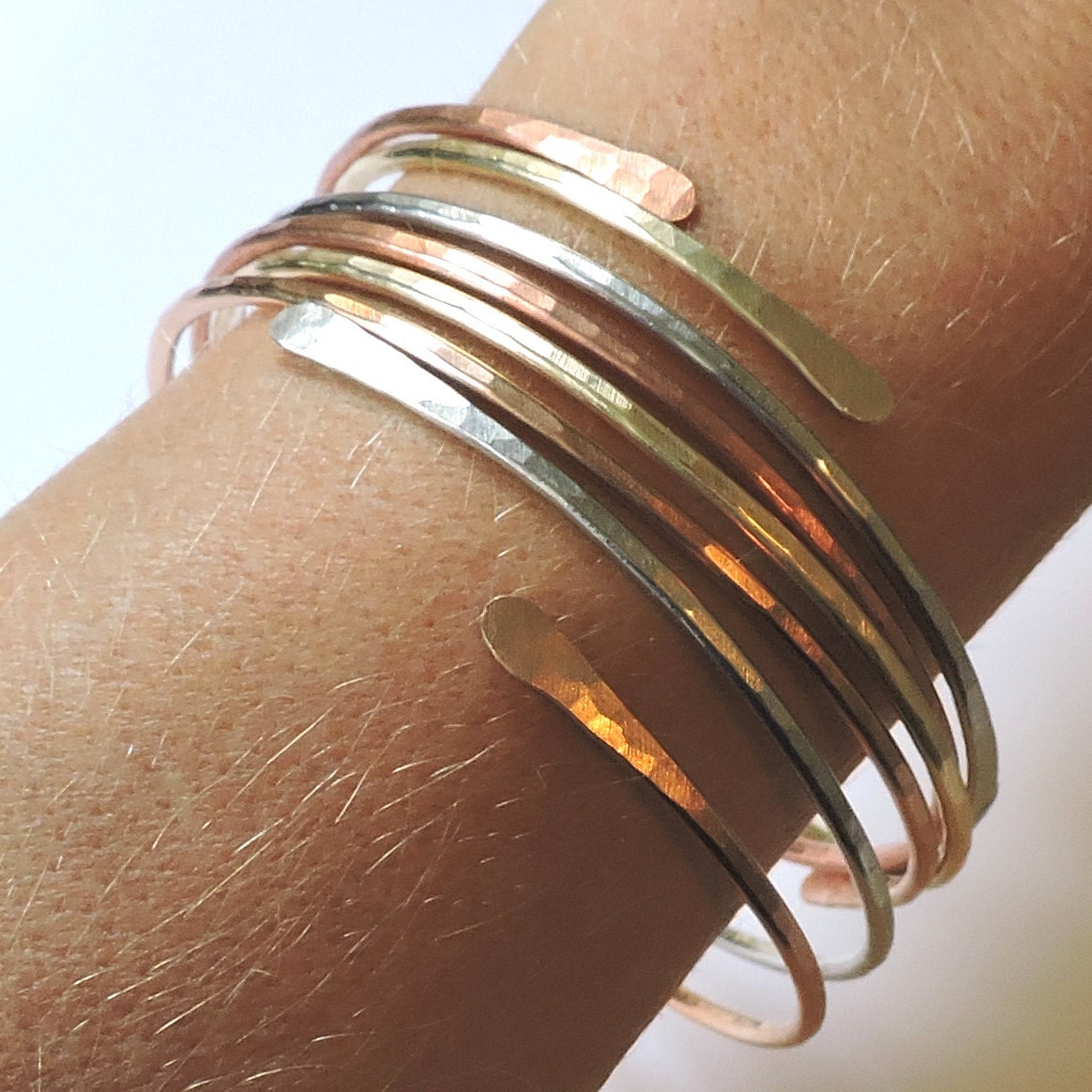 Open End Bangle Bracelets FOUR Hammered Stackable Bangles | Etsy