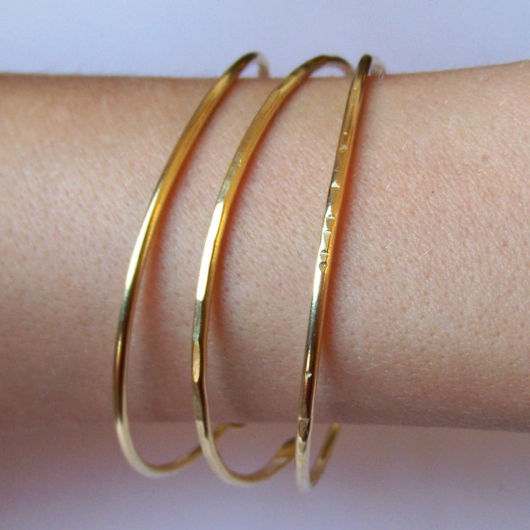 Set of Stackable Bangle Bracelets - Hammered Smooth Notched - Gold ...