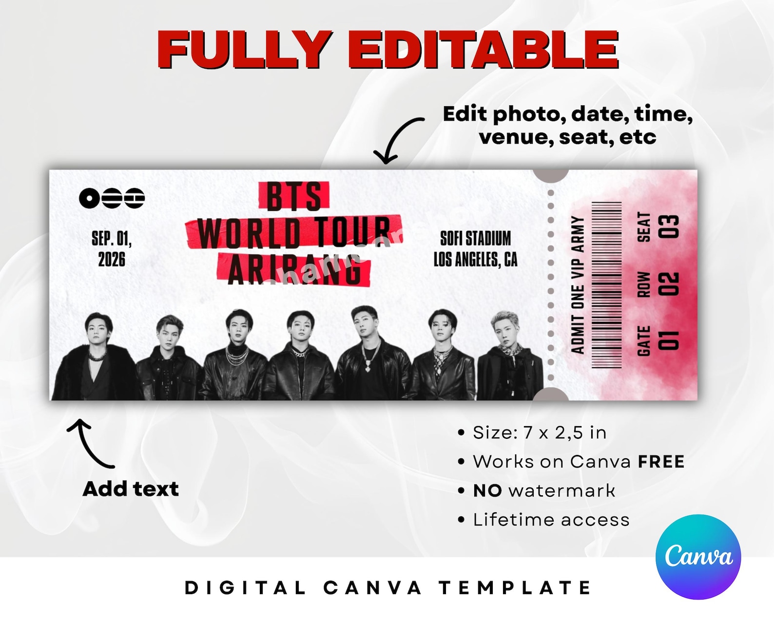 Concert Ticket Template | Arirang Tour ARMY Kpop Merch (canva Editable ...