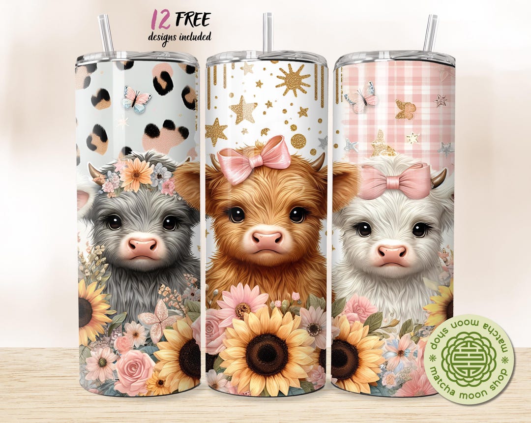 Sunflower Highland Cow Calves Tumbler Wrap PNG 20oz Straight ...