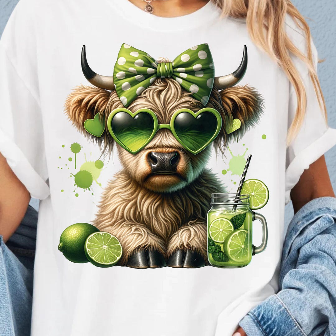 Lime Highland Cow PNG: Cow With Limes and Lemons, Heart Sunglasses ...