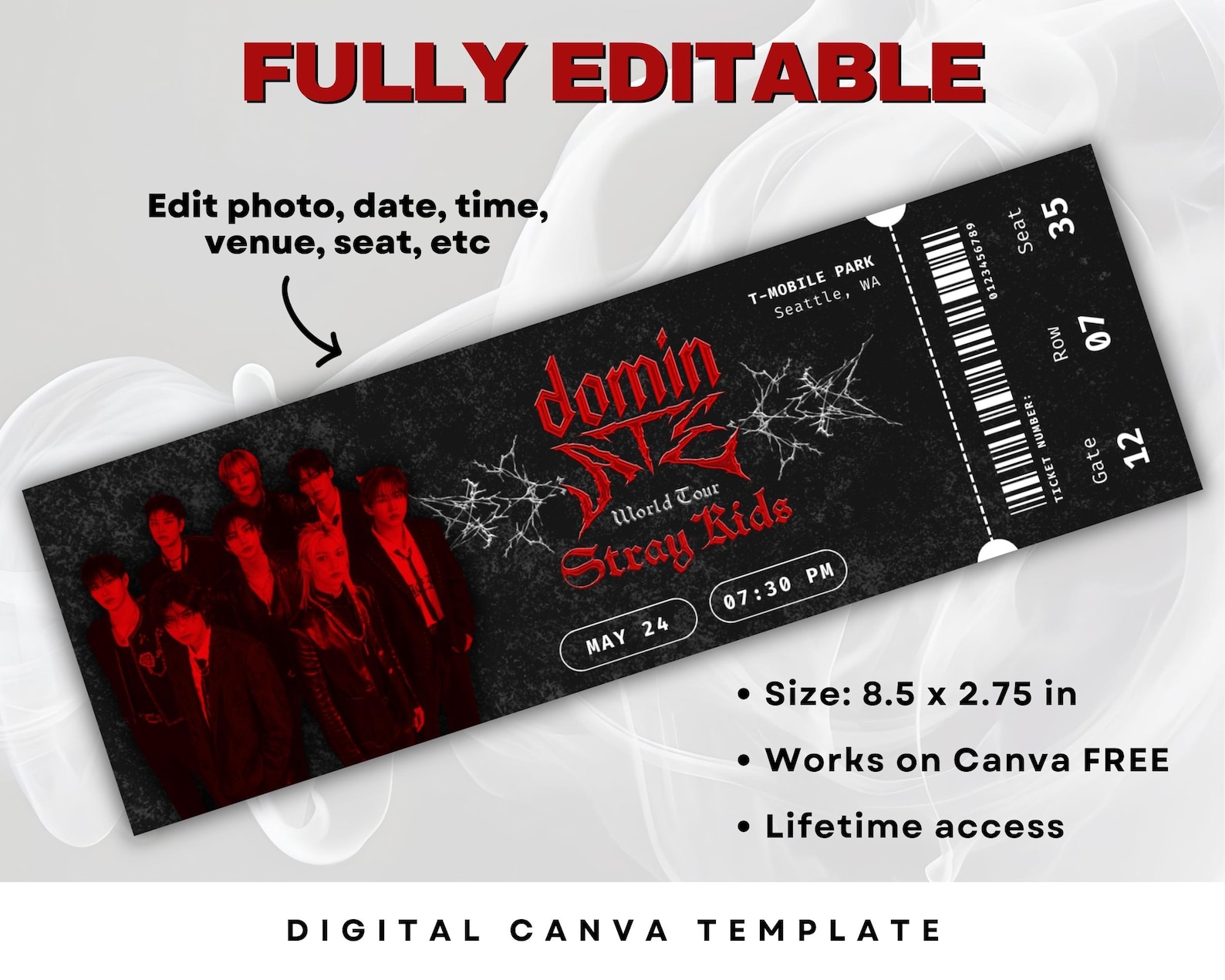 Personalized Stray Kids Dominate Concert Ticket, SKZ 2025 World Tour, Kpop Merch, Canva Template ...