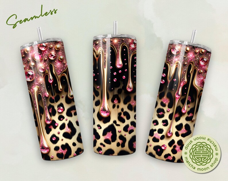 Pink Leopard Drip Tumbler Wrap: Glam Gold Glitter 20oz PNG for Cups ...