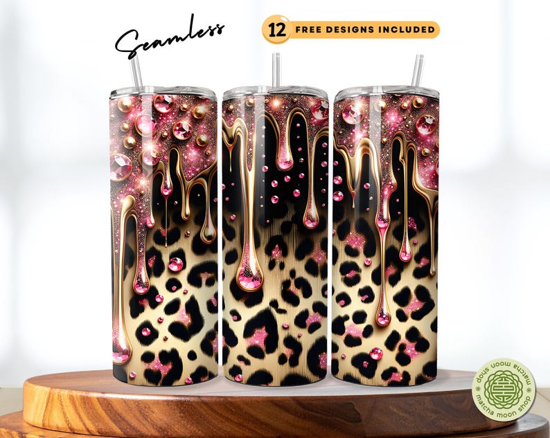Pink Leopard Drip Tumbler Wrap: Glam Gold Glitter 20oz PNG for Cups ...